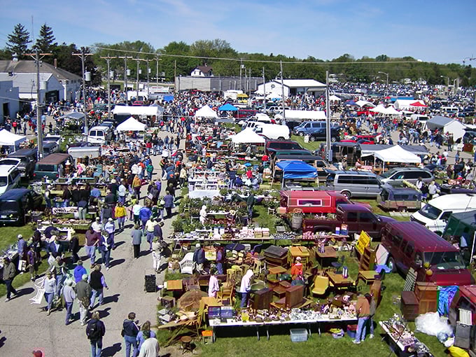 A bird's-eye view of treasure hunting paradise, where hundreds of vendors create a patchwork of possibility across the Walworth County Fairgrounds.