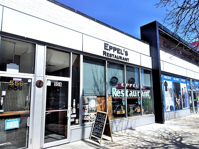 Eppel's storefront stands proudly on a Chicago street, its vintage sign promising pancake paradise within those unassuming walls.