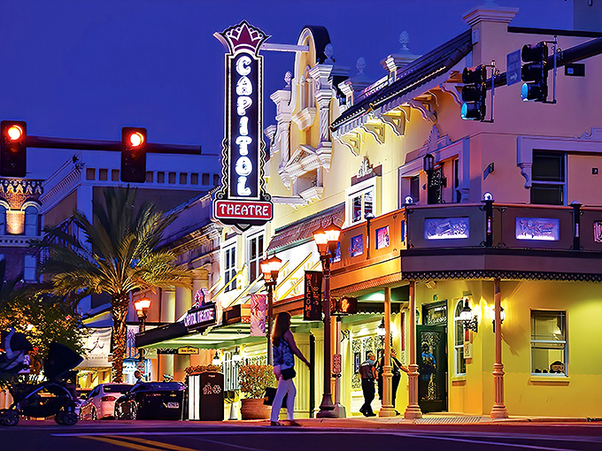 The iconic Capitol Theatre marquee glows against the twilight sky, a beacon of entertainment in downtown Clearwater that promises magical evenings ahead.