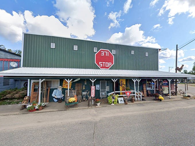 The green facade of Treasures-n-Tiques stands like a time portal on Jenkins' main street, its iconic STOP sign beckoning curious travelers to halt their journey and explore.