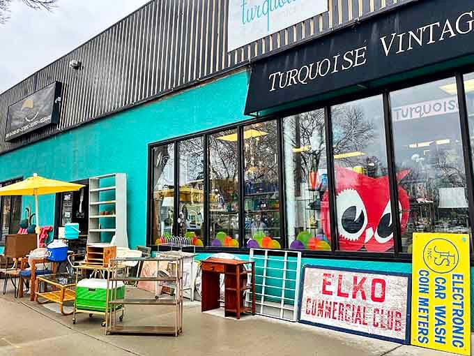 The turquoise facade isn't just a name – it's a promise of the colorful treasures waiting inside this Minneapolis vintage haven.