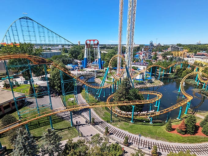 Valleyfair: A steel symphony against the Minnesota sky, where roller coasters twist and turn like mechanical dancers performing for thrill-seekers below.