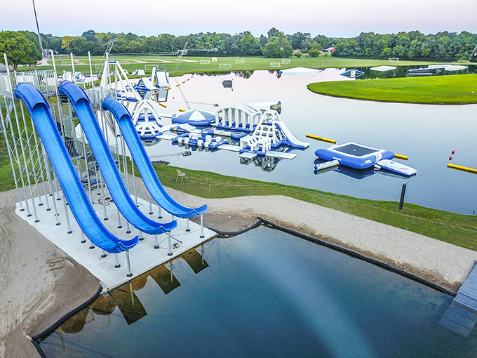 Wake Nation's aquatic playground stretches across the water like a blue and white floating paradise, promising adventure at every turn.