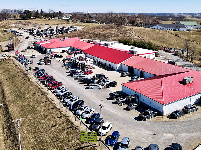 Aerial view of Walnut Creek Marketplace with its distinctive red roofs standing proud against the rolling Ohio countryside &ndash; shopping paradise found!