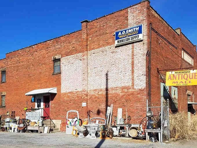 The imposing brick facade of Warehouse Antique Mall in Marion, Illinois, stands like a time capsule waiting to be opened by curious treasure hunters.