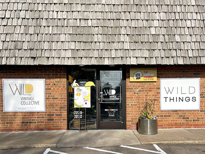 The unassuming brick exterior with weathered cedar shake roof houses a universe of vintage treasures waiting to be discovered.