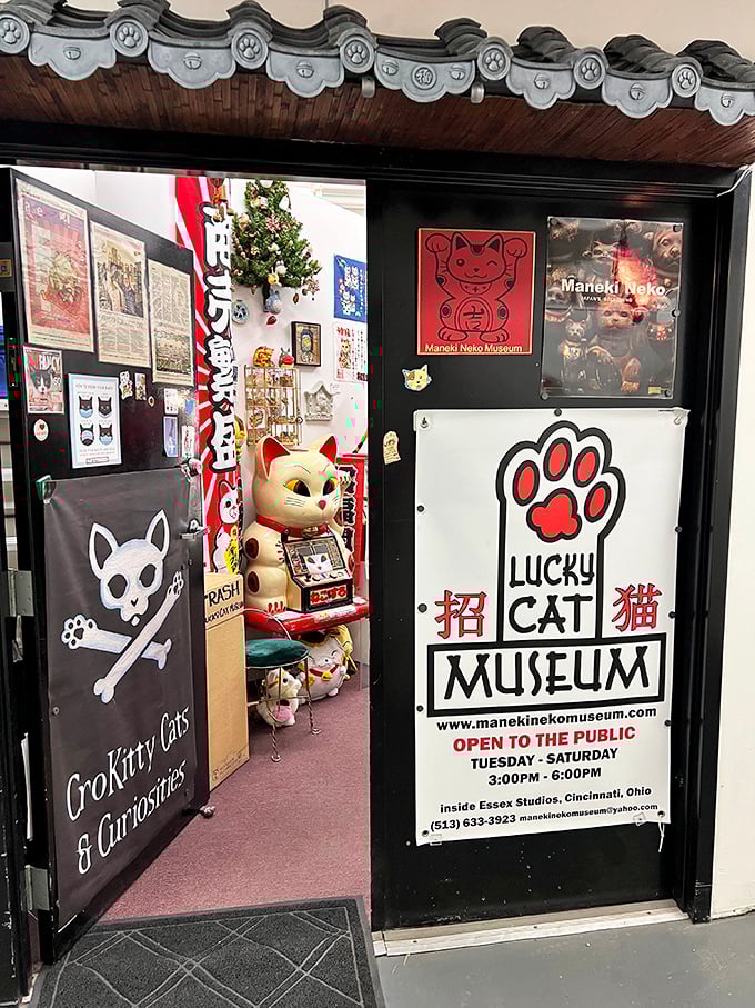 The entrance to Cincinnati's Lucky Cat Museum beckons visitors with playful signage and the promise of feline fortune inside.