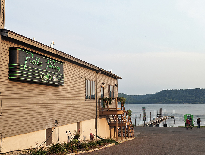 The Pickle Factory's lakeside location offers a perfect blend of scenic views and pickle-powered cuisine on Wisconsin's Lake Pepin.