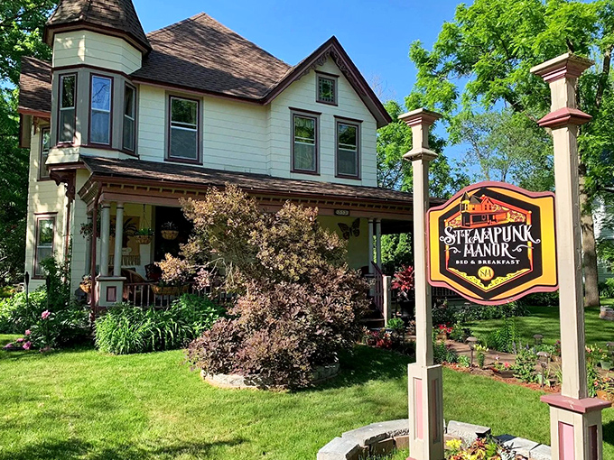 Victorian elegance meets mechanical fantasy at this charming Manitowoc mansion, where even the front porch hints at steampunk wonders within.