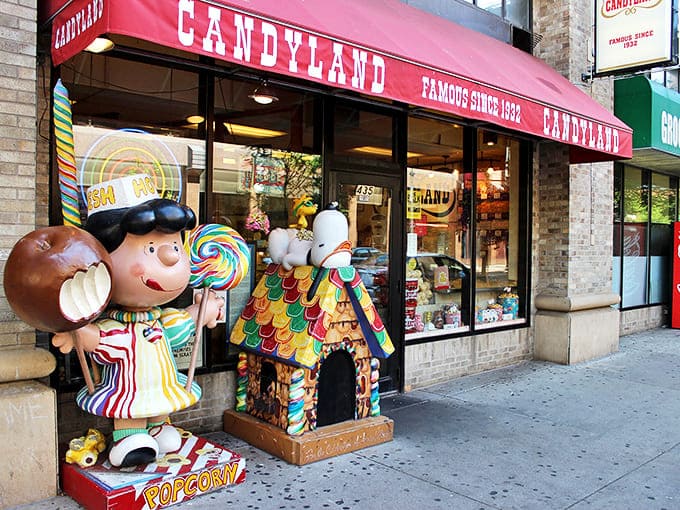 The iconic red awning of Candyland beckons sweet-toothed visitors with cartoon characters that have greeted generations of candy lovers.