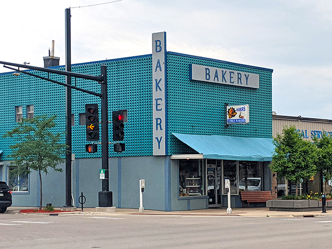 The iconic turquoise-tiled exterior of Roers Family Bakery stands out like a sweet beacon in downtown Alexandria, Minnesota.