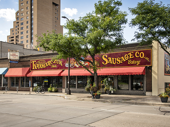 The iconic red awnings of Kramarczuk's beckon hungry visitors with promises of Eastern European delights in the heart of Minneapolis.