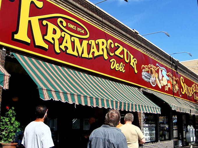 The iconic red and yellow Kramarczuk's sign has been beckoning hungry Minnesotans since 1954, a beacon of Eastern European culinary tradition.