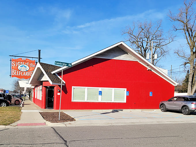 The iconic red exterior and vintage sign promise authentic comfort food &ndash; a bright beacon of culinary tradition in Royal Oak.