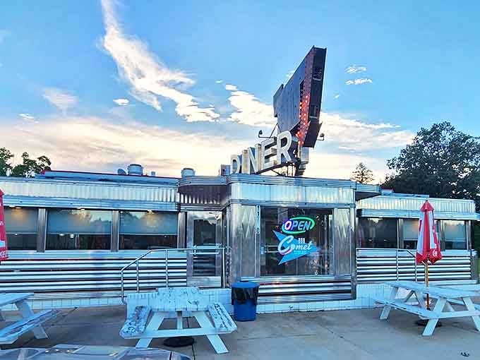 The Comet Diner's gleaming silver exterior shines like a beacon of hope for the hungry traveler &ndash; a chrome time machine promising delicious nostalgia.