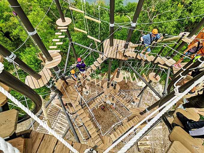 Looking down from above reveals the intricate wooden pathways of courage, where adventurers navigate their way through aerial challenges.