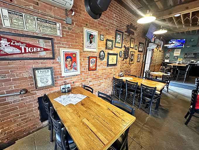 Baseball memorabilia transforms dining tables into time machines, where conversations about great games past flow as freely as the beer.