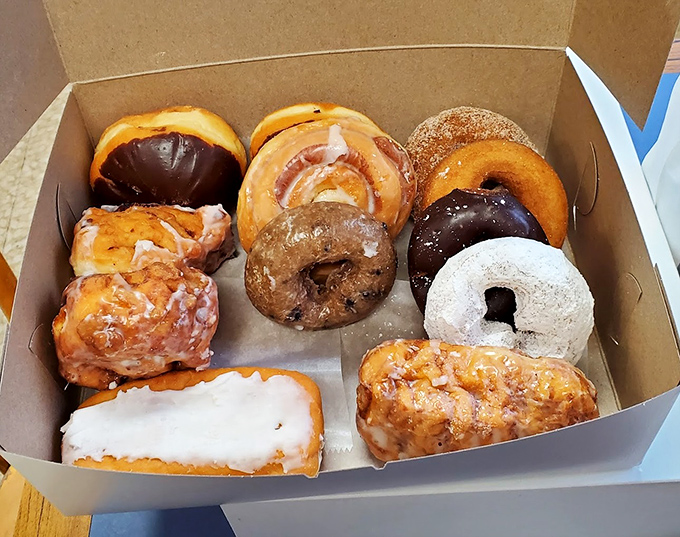 Assorted Donuts: A box of joy containing multiple paths to happiness, from chocolate-dipped decadence to cinnamon-sugar simplicity.