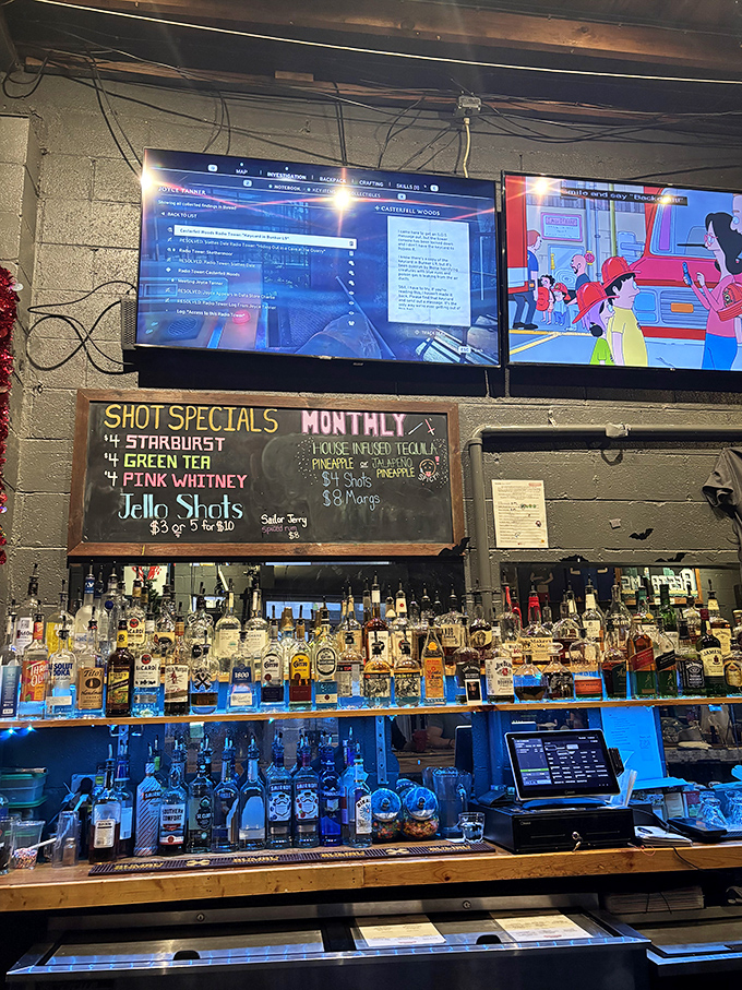 The well-stocked bar offers liquid courage for those about to face off against arcade legends or pinball wizards.