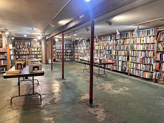 In the basement, support columns interrupt the shelving pattern, creating cozy alcoves where readers can disappear into different worlds.