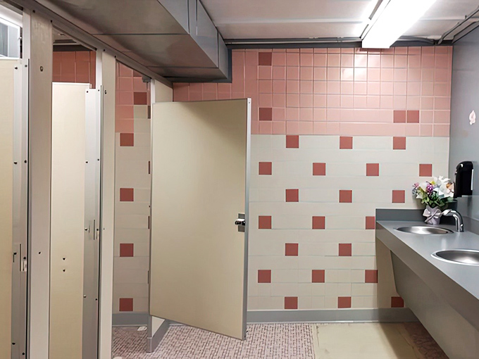 Pink and white tile patterns in the restrooms preserve the mid-century aesthetic that makes the Ford-Wyoming special.