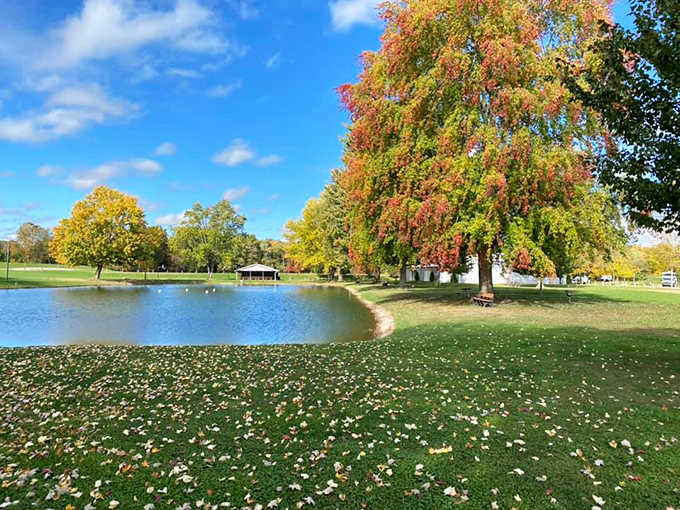 Fall's colorful display creates a picturesque setting around the lake, where fewer crowds mean more tranquil enjoyment of nature's beauty.