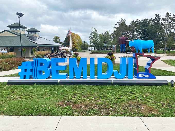 The #BEMIDJI sign offers the perfect modern complement to the historic statues &ndash; hashtag your visit or it didn't happen!