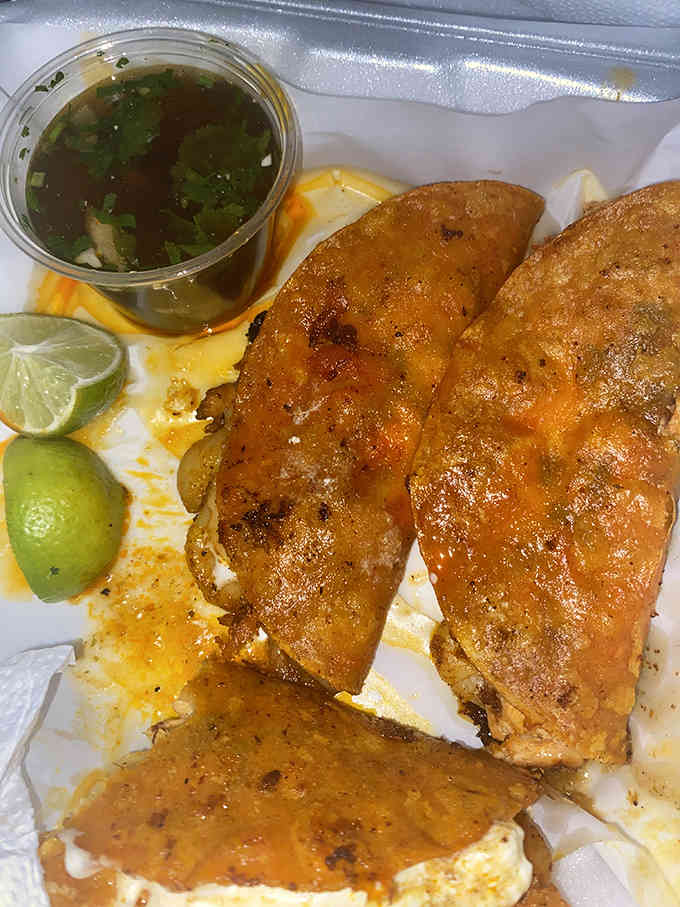 Birria tacos that mean business: crispy-edged tortillas filled with tender, richly seasoned meat, ready for dipping in that consomm&eacute; of the gods.