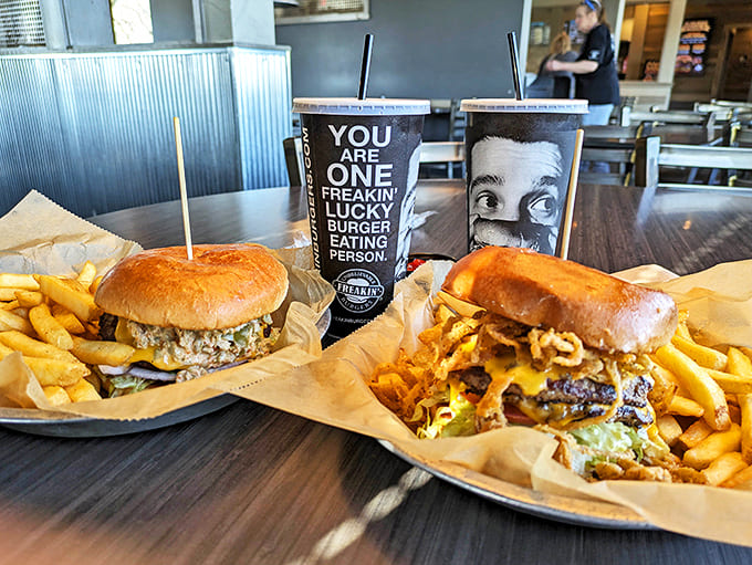 You are one freakin' lucky burger eating person isn't just cute cup copy &ndash; it's the absolute truth. Double the burgers, double the joy.