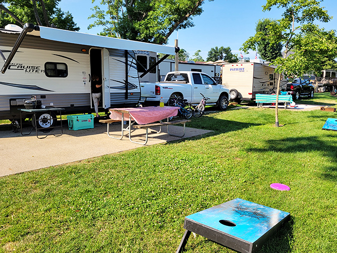 RV heaven where s'mores are currency and staying up past bedtime feels rebellious. The perfect blend of wilderness and Wi-Fi for modern camping.