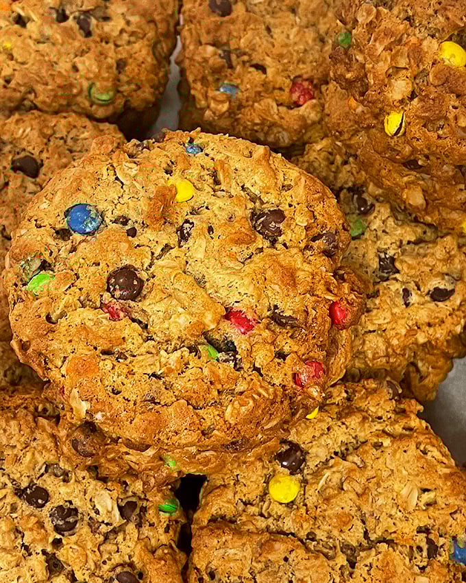 Monster cookies that put ordinary cookies to shame with their hearty oats and colorful M&M polka dots.