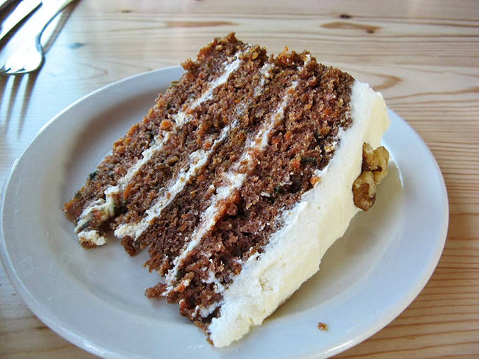 Three layers of moist carrot cake with just-right cream cheese frosting &ndash; the kind of dessert that makes you close your eyes in appreciation.