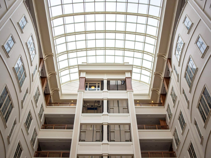 The central atrium reveals multiple floors of offices surrounding an open core. It's the corporate version of a Russian nesting doll&mdash;surprises at every level.