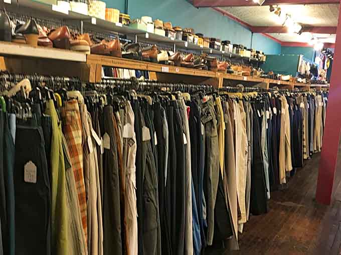 The trouser section stretches toward infinity, offering everything from high-waisted wonders to bell-bottomed beauties in a rainbow of fabrics.