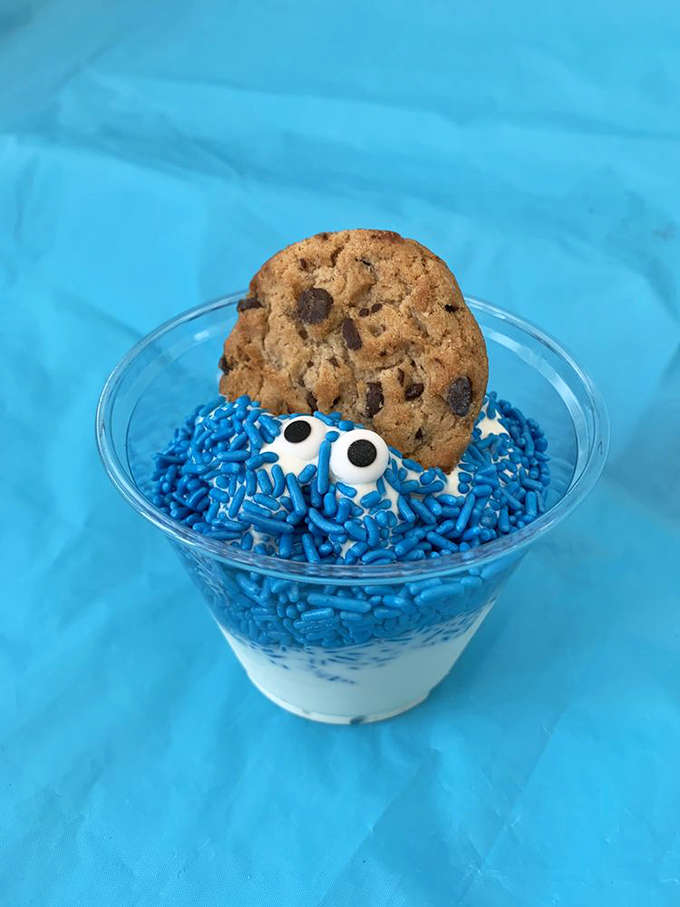 The Cookie Monster Cup &ndash; blue-sprinkled vanilla custard with googly eyes that stare back at you before being devoured.