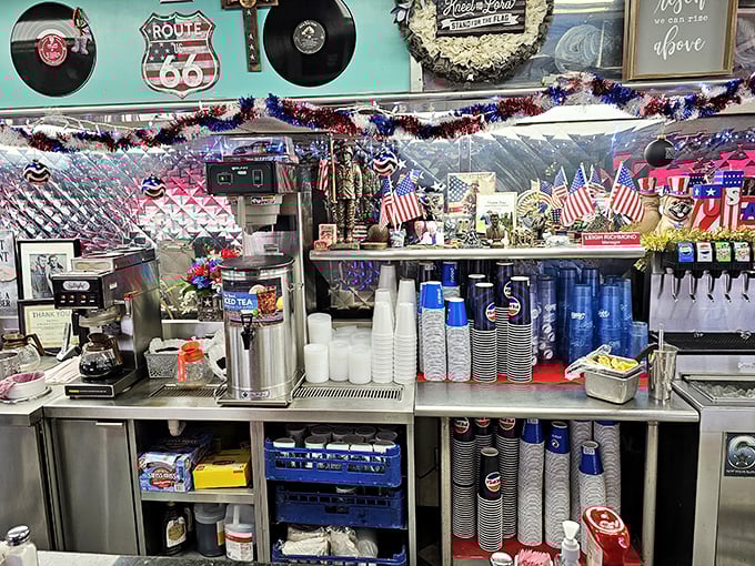 The counter area &ndash; where regulars perch on red vinyl stools, watching short-order magic happen while trading stories with friendly staff.