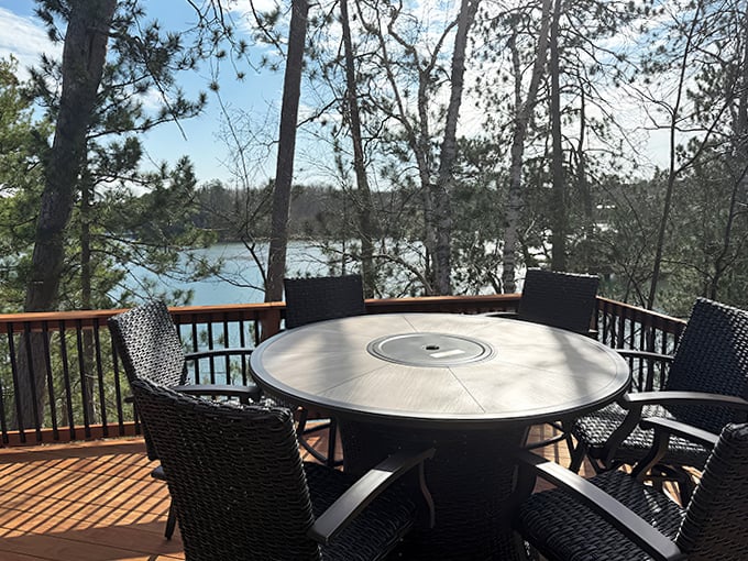 A lakeside deck becomes front-row seating to Deer Lake's ever-changing panorama, where coffee tastes better with a side of scenery.