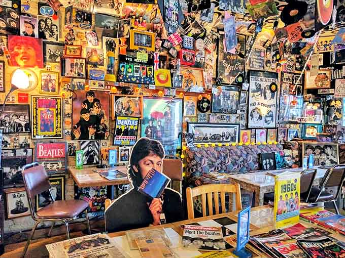 Finding an empty table feels like winning the lottery &ndash; each seat offers a different view of the memorabilia-covered walls and ceiling.