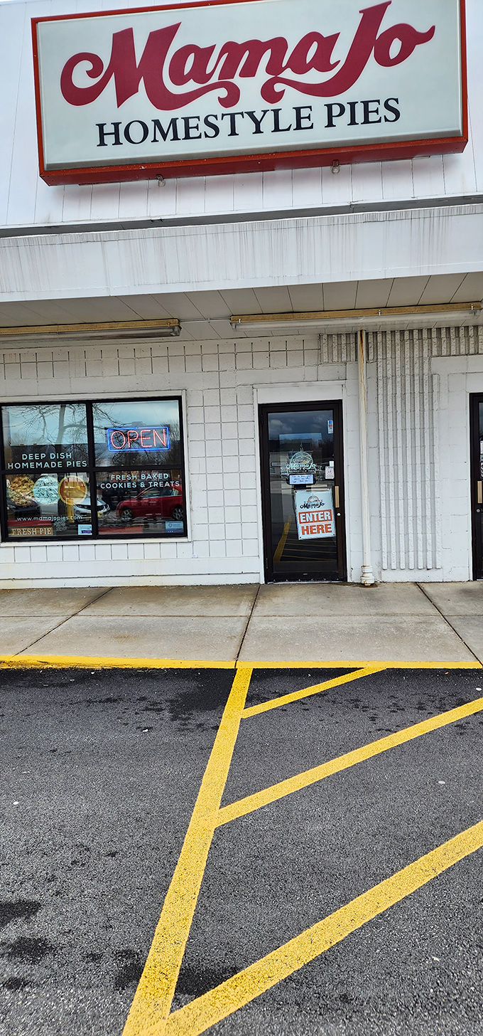 The welcoming entrance promises pie paradise within. That "OPEN" sign might be the most beautiful sight on the entire street.