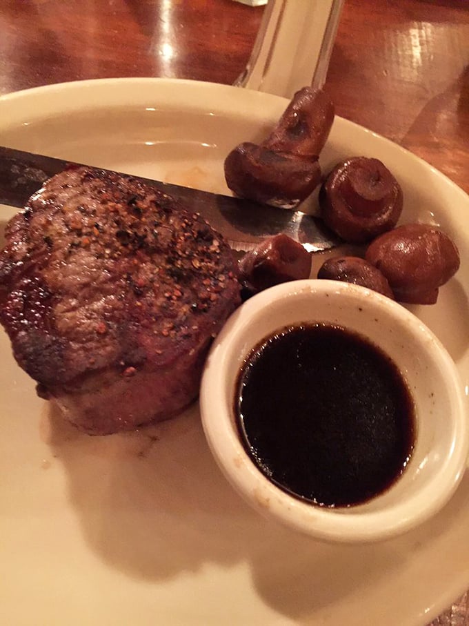 This tenderloin steak with mushrooms and au jus demonstrates the beautiful simplicity that makes Jail House Restaurant special.