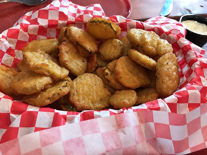 Golden-fried pickle chips nestled in checkered paper—tangy, crunchy discs of joy that somehow maintain their crisp dignity until the last bite.
