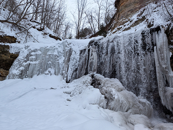 Another winter view showcases nature's ice sculptures, where freezing temperatures create art that changes daily.