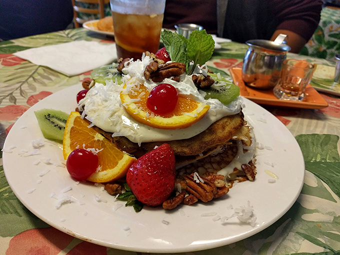 Pancakes transformed into celebration towers, where fresh fruit, nuts, and whipped cream create breakfast worthy of special occasions &ndash; or random Tuesdays.