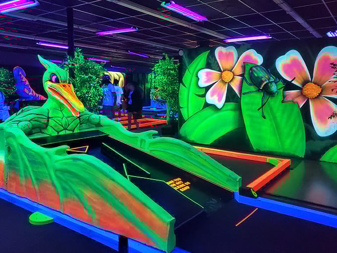 Each hole presents unique challenges, with this one featuring a pterodactyl that seems suspiciously amused by your third consecutive miss.