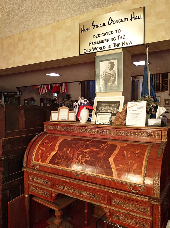 This vintage desk, topped with accordion memorabilia, hints at the scholarly approach the museum takes toward preserving accordion history.