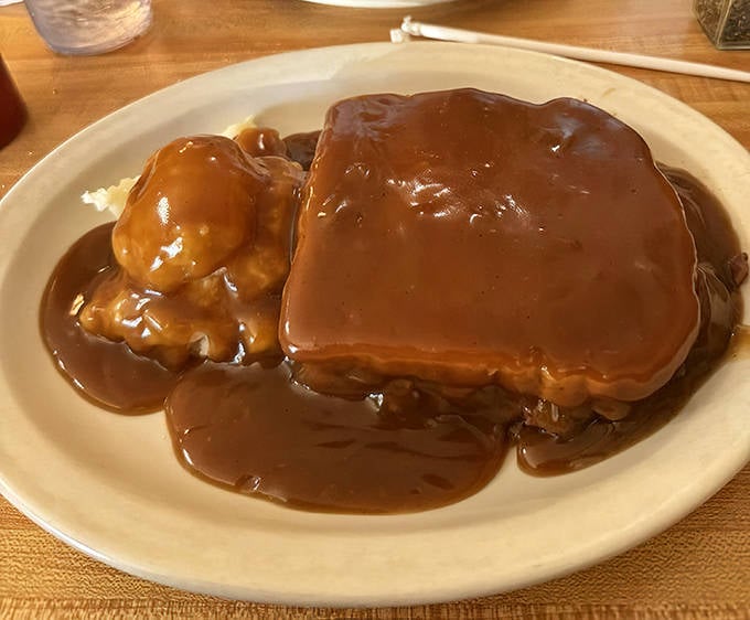 The hot beef sandwich &ndash; tender meat on white bread absolutely smothered in rich gravy &ndash; comfort food that hugs you from the inside.