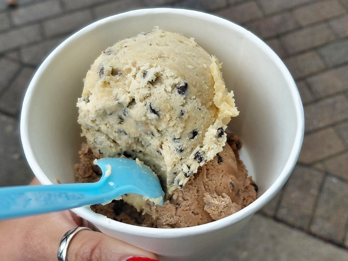 Two scoops of possibility in one cup. The cookie dough and chocolate pairing is the dessert equivalent of finding money in old jeans.