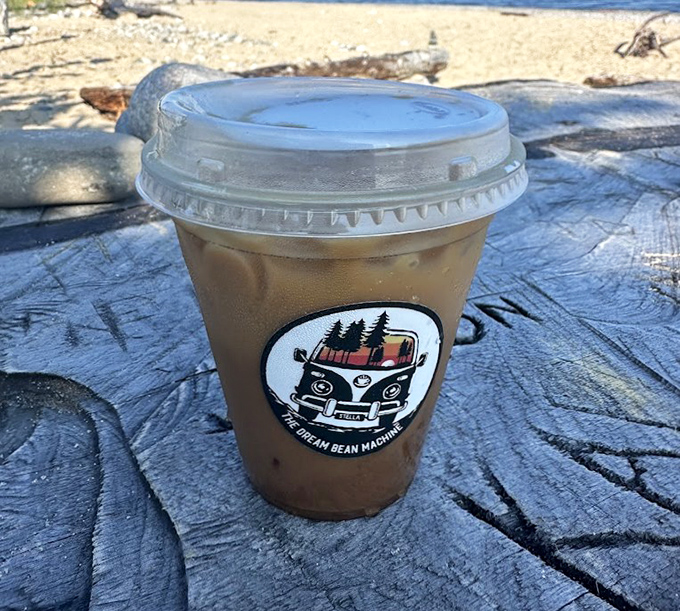 The Dream Bean's iced coffee comes with their signature VW bus logo &ndash; a refreshing summer treat best enjoyed on their sunny patio.