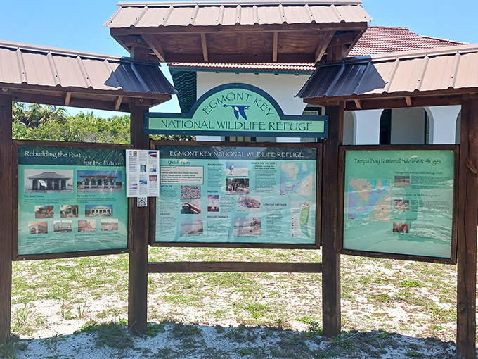 Informational displays help visitors understand Egmont Key's significance as both a wildlife refuge and historic landmark.