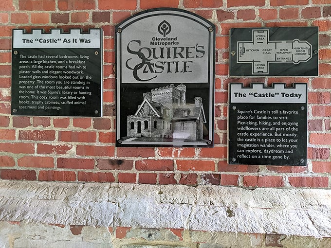 These informational plaques reveal Squire's Castle's secrets – from luxury hunting lodge to beloved public landmark, minus the dragons and princesses.